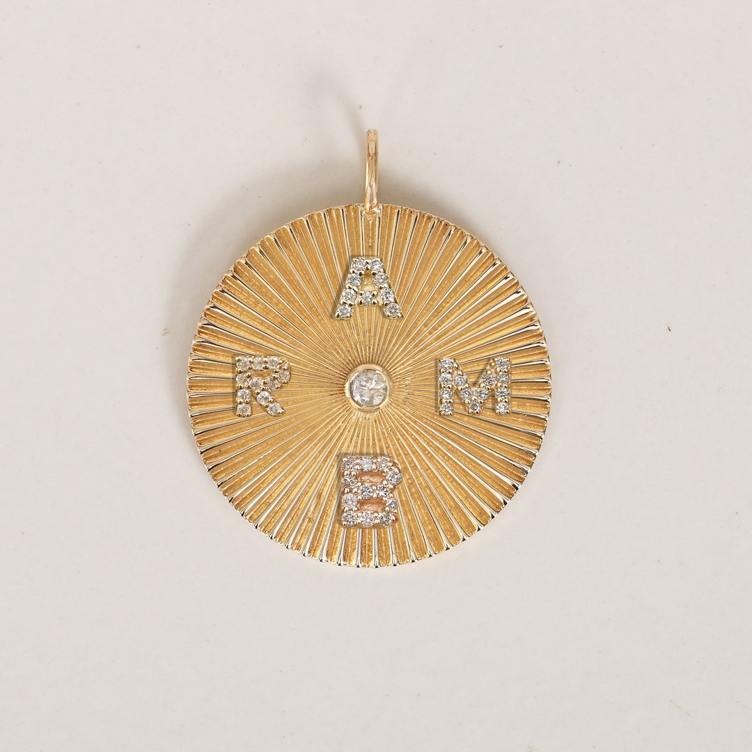 Diamond Fluted Disc Pendant, 14k Gold Natural Diamonds Initial Pendant ...