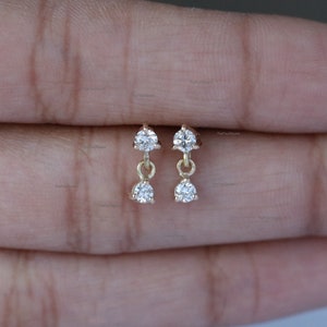 2 Diamond Drop Studs, Solid 14k Gold Earring, Minimalist Drop Earrings ...