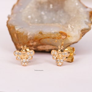 Diamond Bee Stud Earrings, 14k Solid Gold Insect Studs, Honey Bee Earrings, Small Cartilage ...