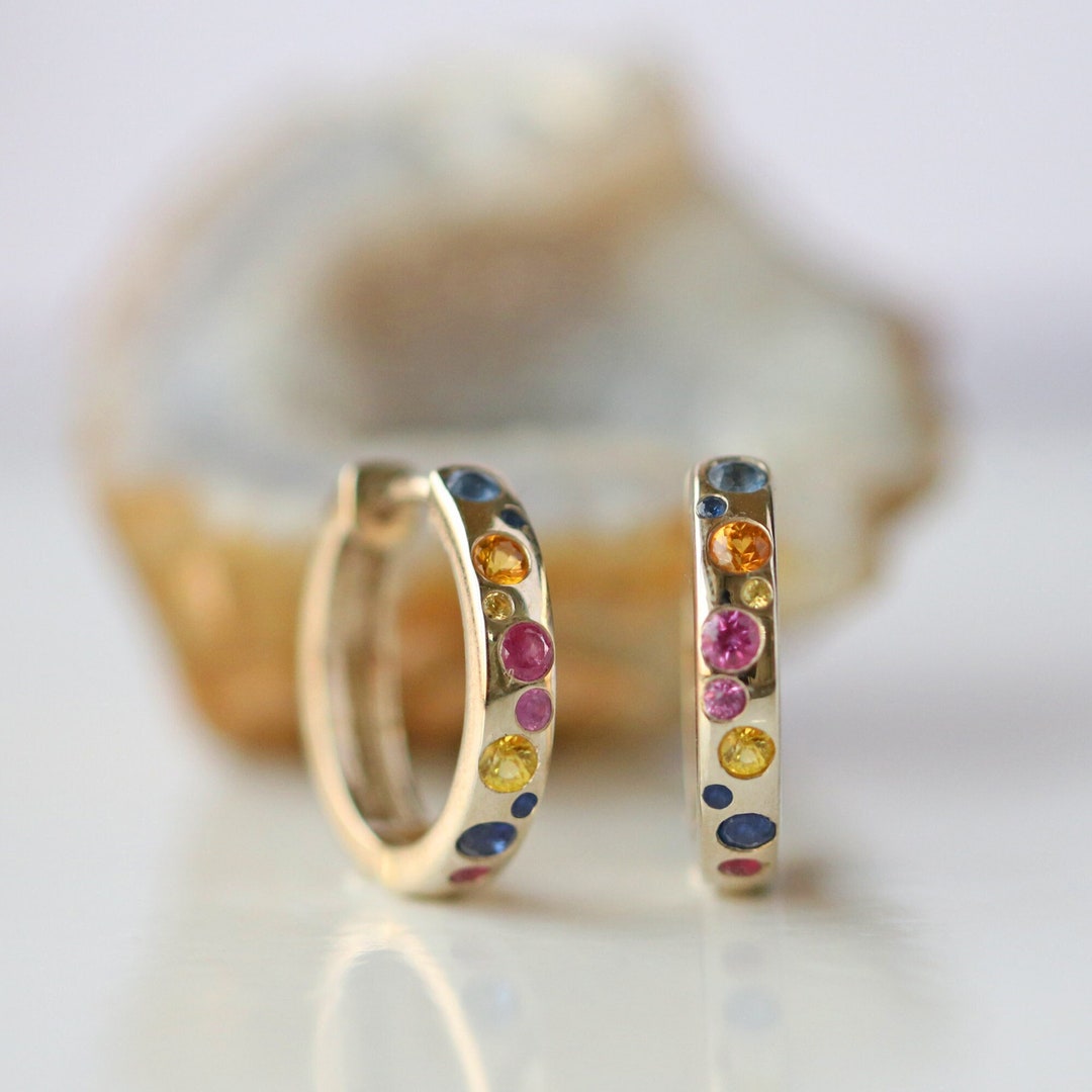 Multi Sapphire Huggie Hoops, Flush Set Dainty Hoop Earrings, 14k Gold ...
