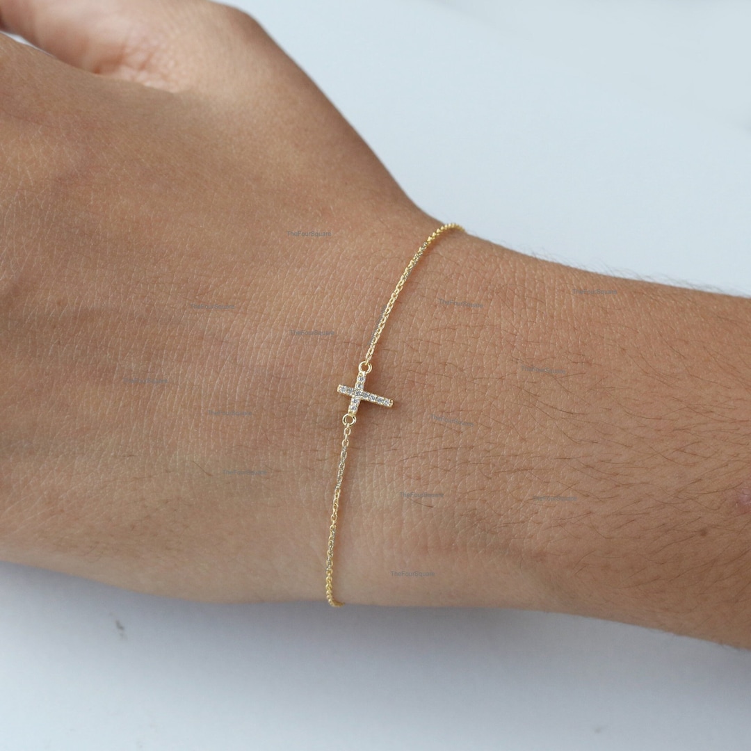 Solid 14k Yellow Gold Cross Bracelet/ Natural Diamonds Religious Baptism Gift Bracelet/ Delicate ...