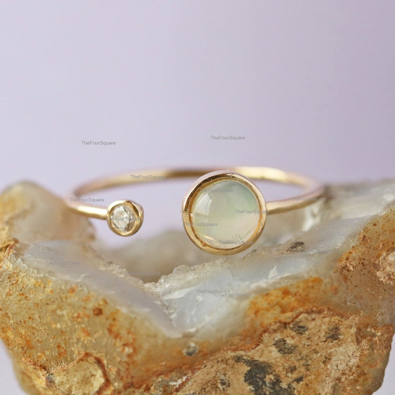 Ethiopian Opal Cuff Ring, 14k Gold Open Ring, Natural Diamond Stackable ...