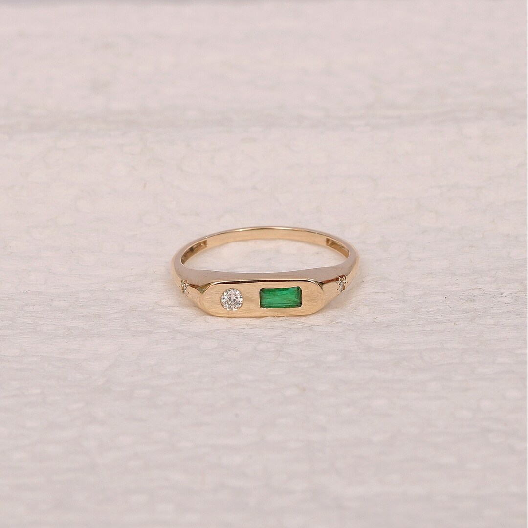 Baguette Emerald Signet Ring, 14k Gold Wedding Ring, Unique Engagement Ring, Stackable Ring ...