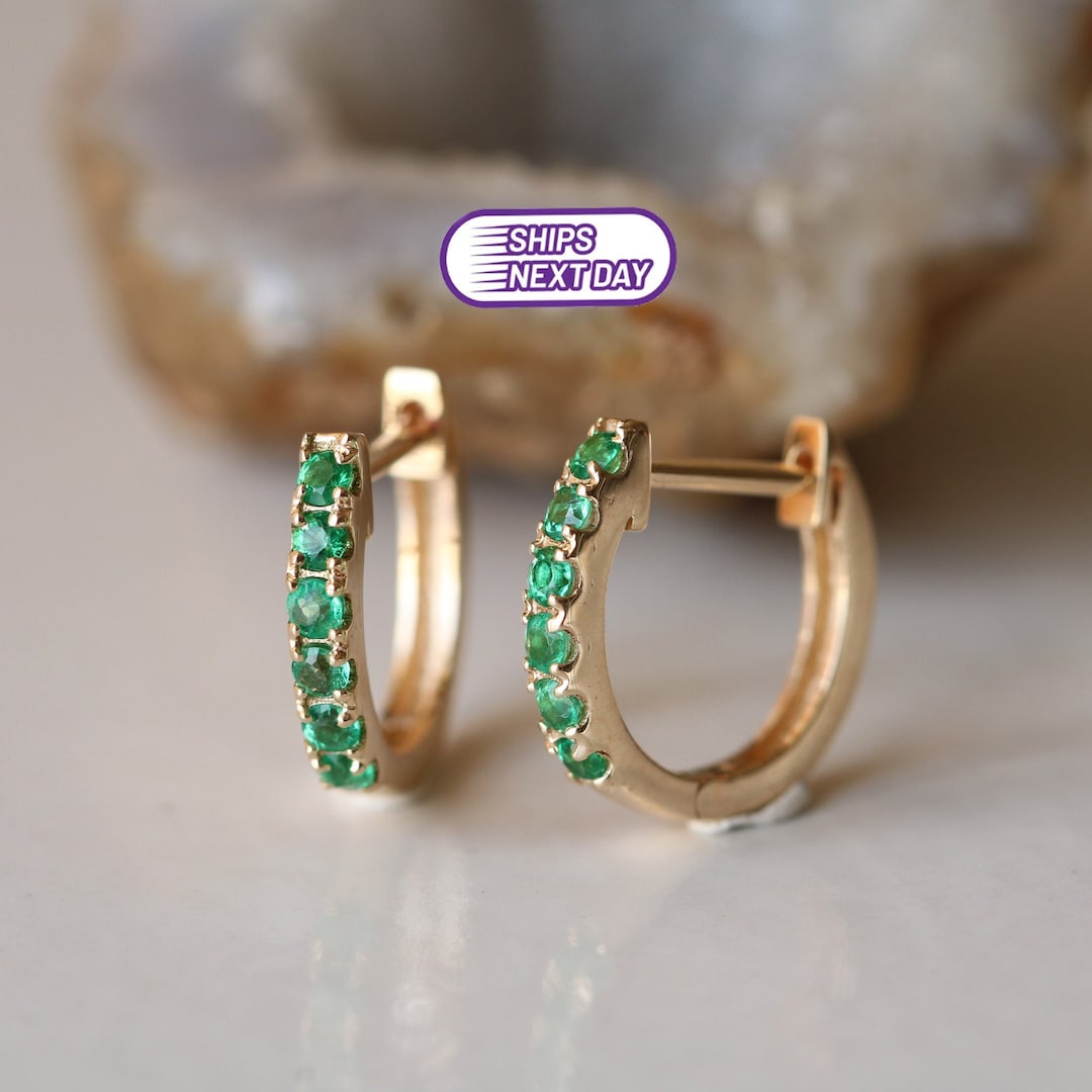 Solid 14k Yellow Gold Huggie Hoops Genuine Emerald Gemstone - Etsy New ...