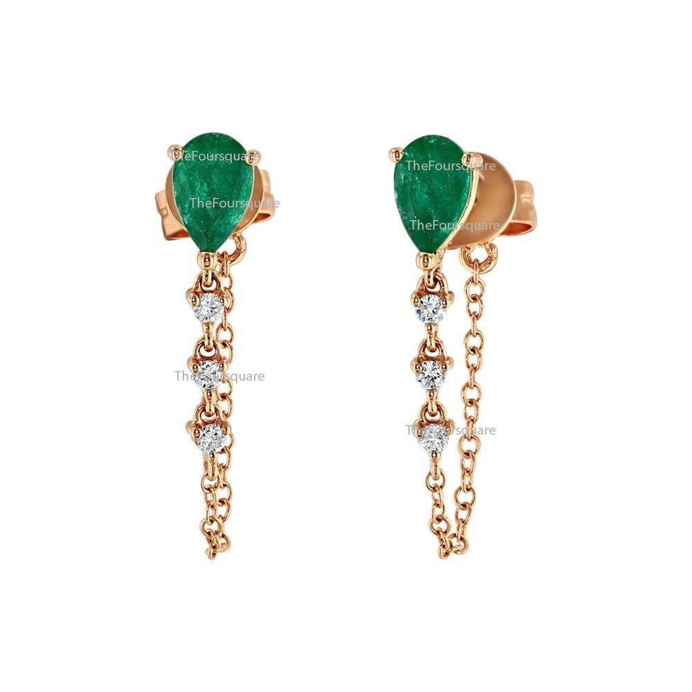 3 Diamond Chain Earrings Pear Emerald Earrings 14K Yellow | Etsy
