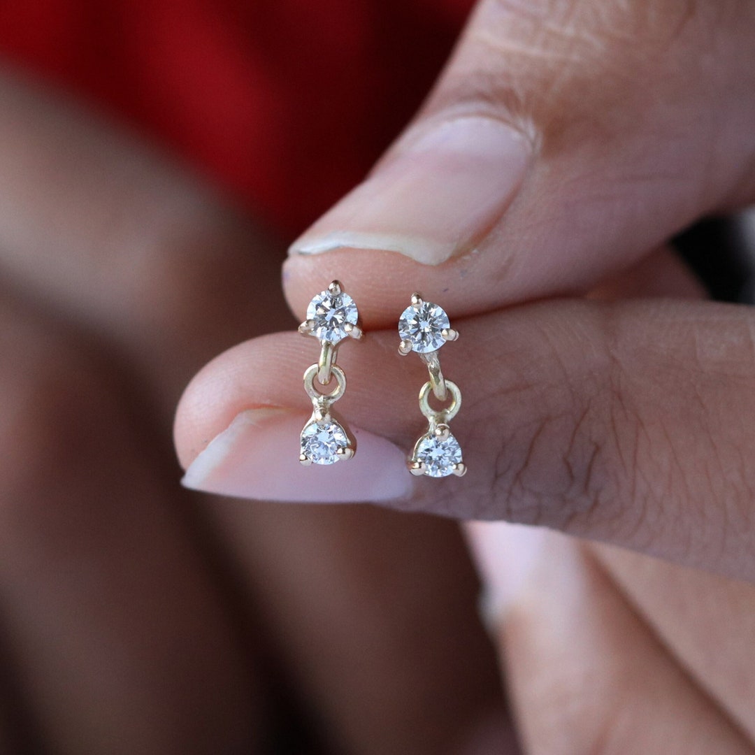 2 Diamond Drop Studs, Solid 14k Gold Earring, Minimalist Drop Earrings ...