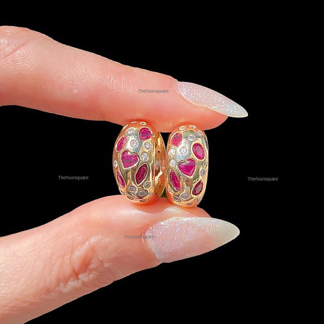 Ruby Hoop Earrings, 14k Solid Gold Dome Hoops, Flush Set Natural Ruby ...