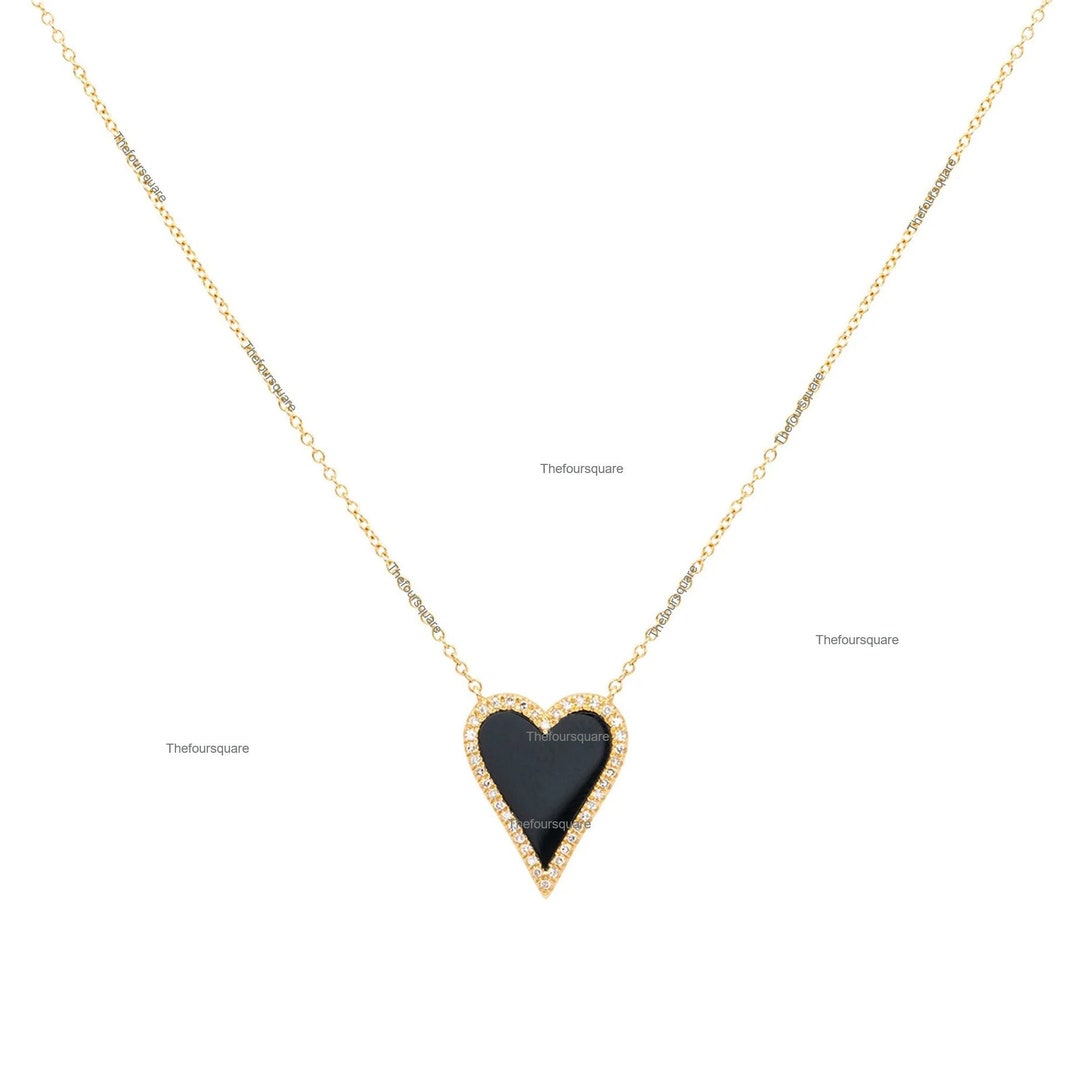 Black Heart Pendant Necklace, Heart Shape Black Onyx & Diamond Halo ...
