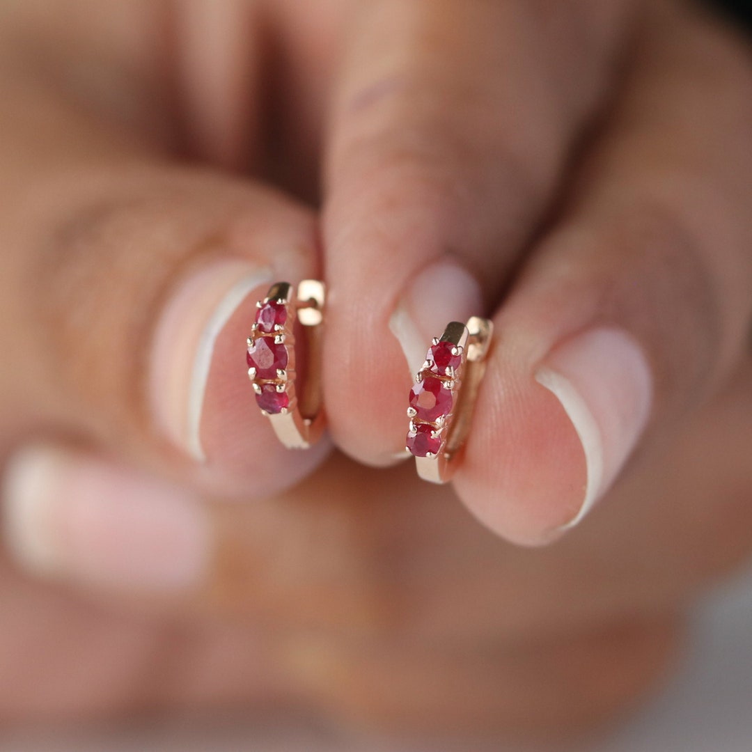 Genuine Ruby Gemstone Small Huggie Hoop Earrings, Solid 14k Yellow Gold 3 Ruby Hoop, 3 Precious ...