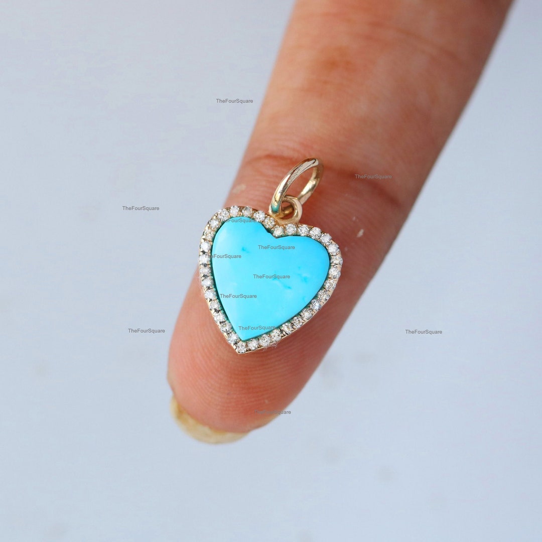 12MM Turquoise Heart Pendant/ 14k Gold Diamonds Halo Pendant/ Arizona ...