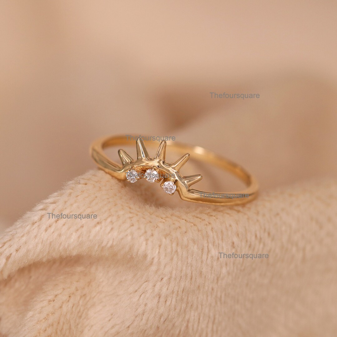 Diamond Spike Ring, 14k Gold Sunburst Ring, Mini Spike Ring, Trio Diamond Ring, Dainty Diamond ...