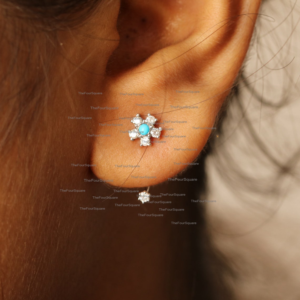 2mm Diamond Floral Ear Jacket Earrings, Turquoise Gemstone Tiny Studs ...