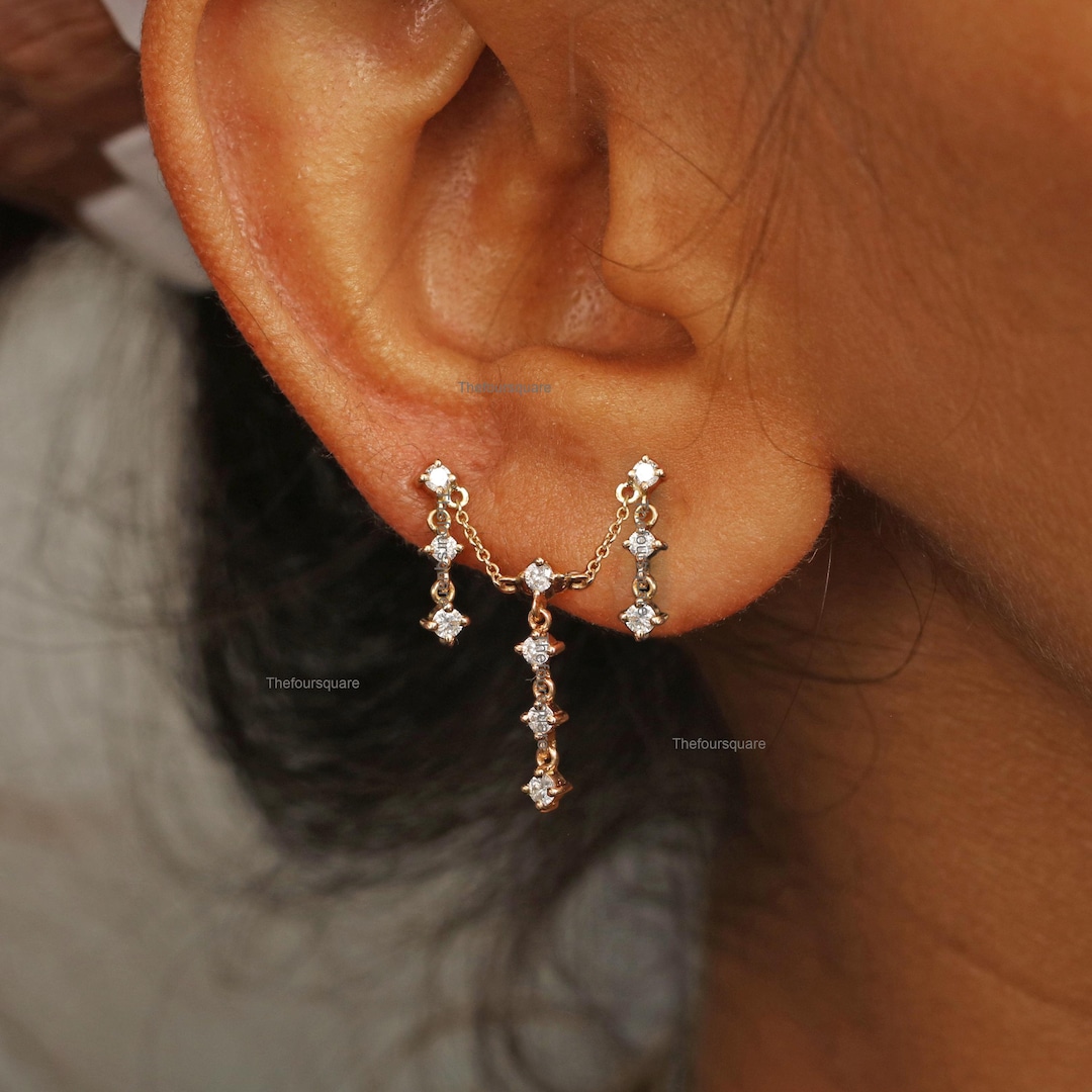 Diamond Drop Chain Earring, 14k Solid Gold Double Piercing Chain ...