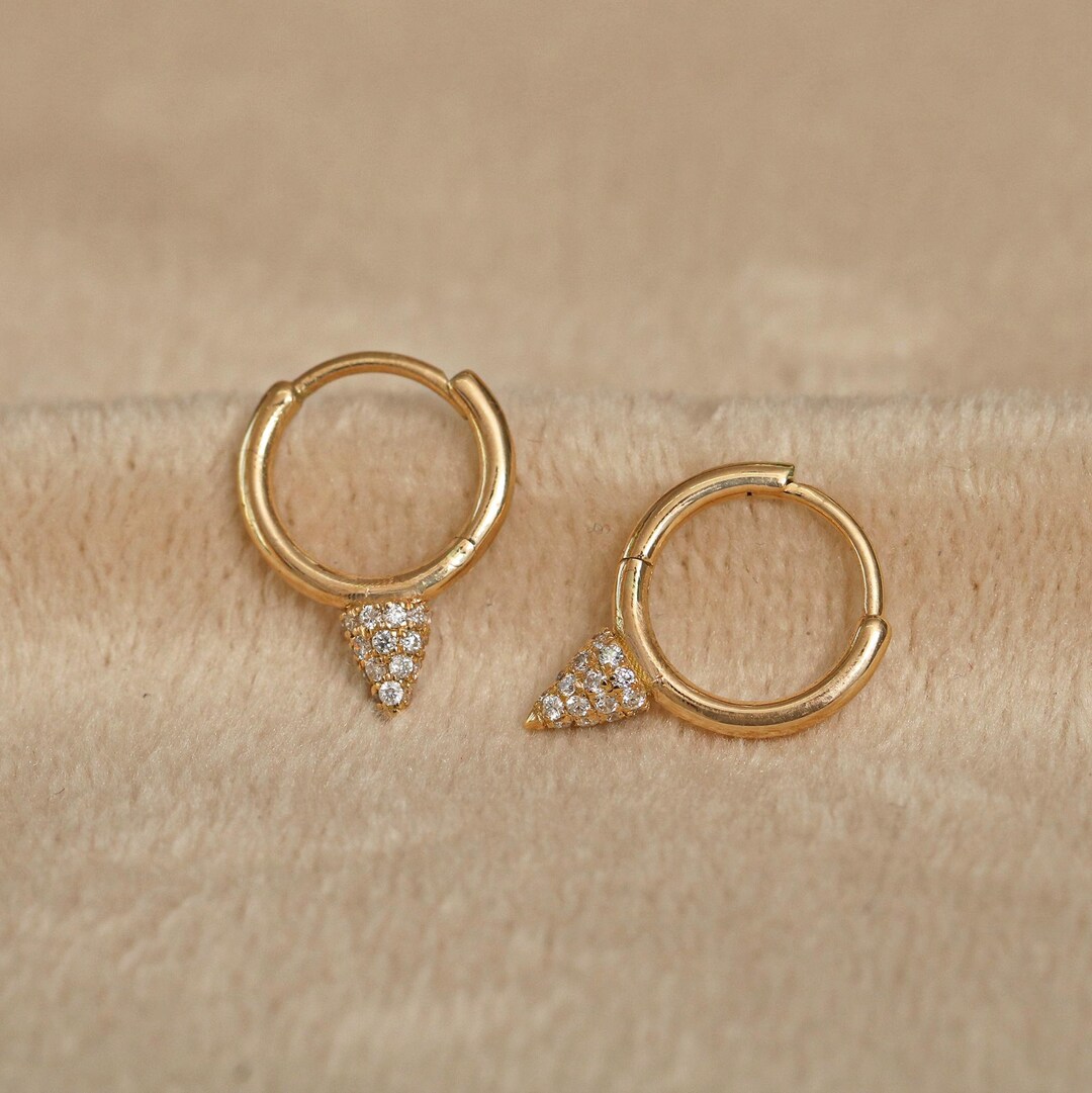 Diamond Mini Spike Hoops, Teardrop Diamond Huggies, 14k Solid Gold ...