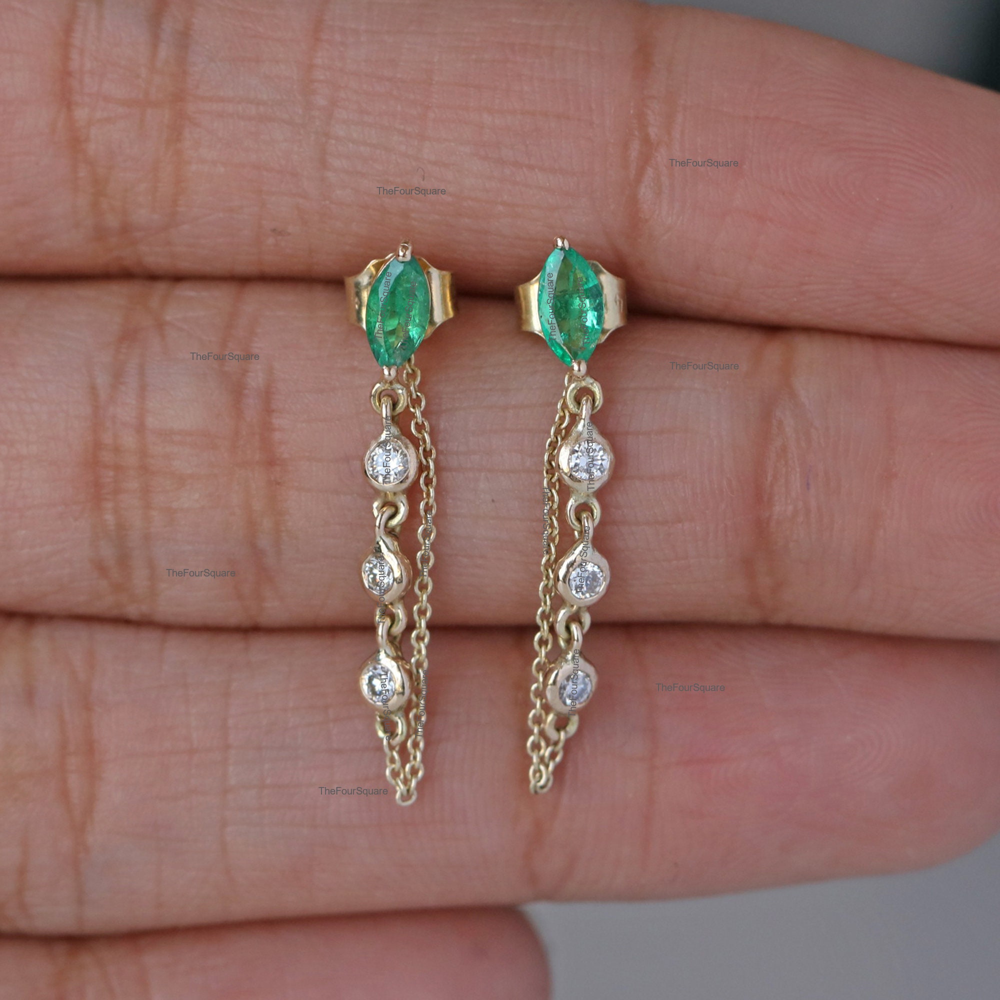 3 Diamond Chain Earrings, Marquise Emerald Earrings, 14K Yellow Gold ...