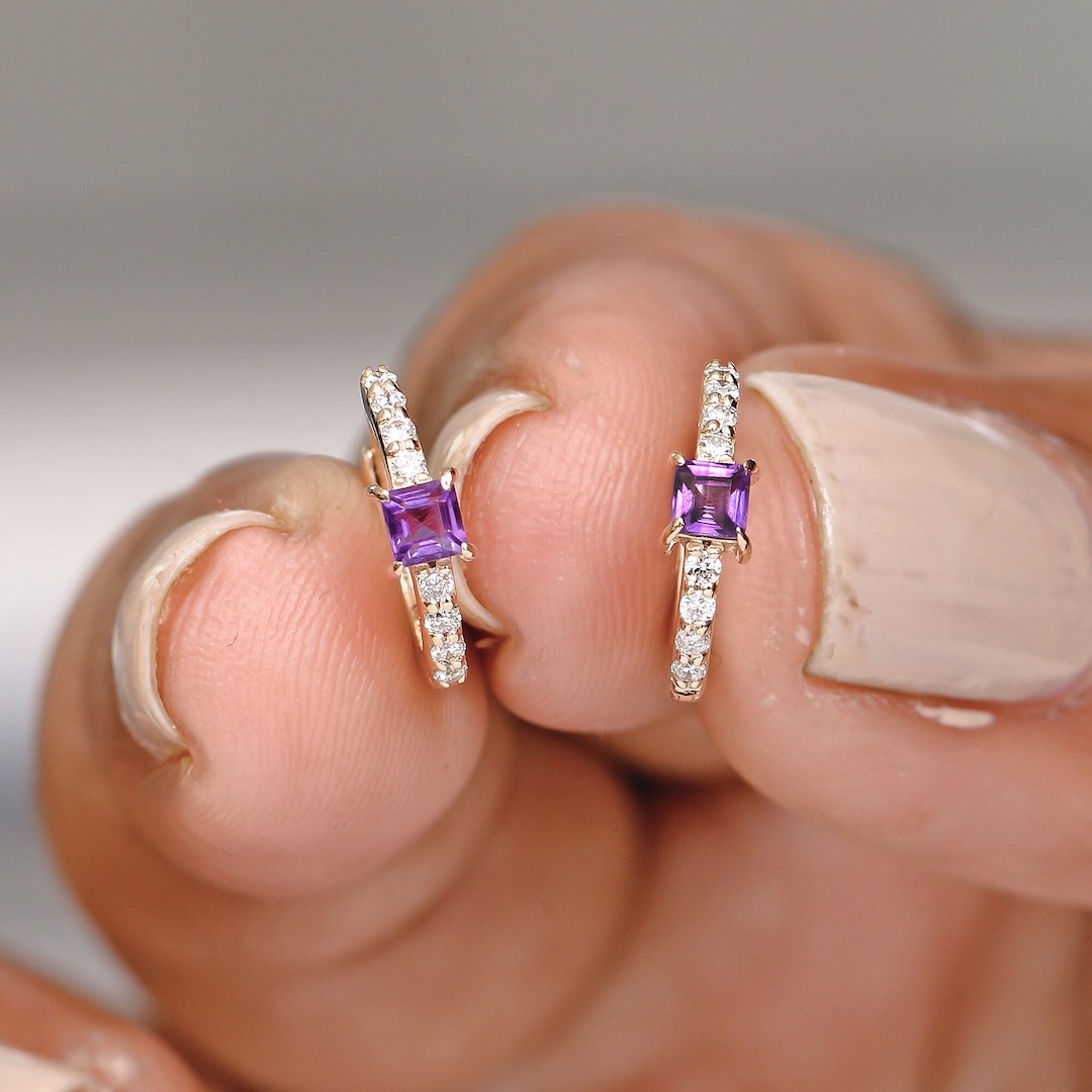 Princess Amethyst Hoops, Natural Diamond Huggies, 14k Solid Gold Dainty ...