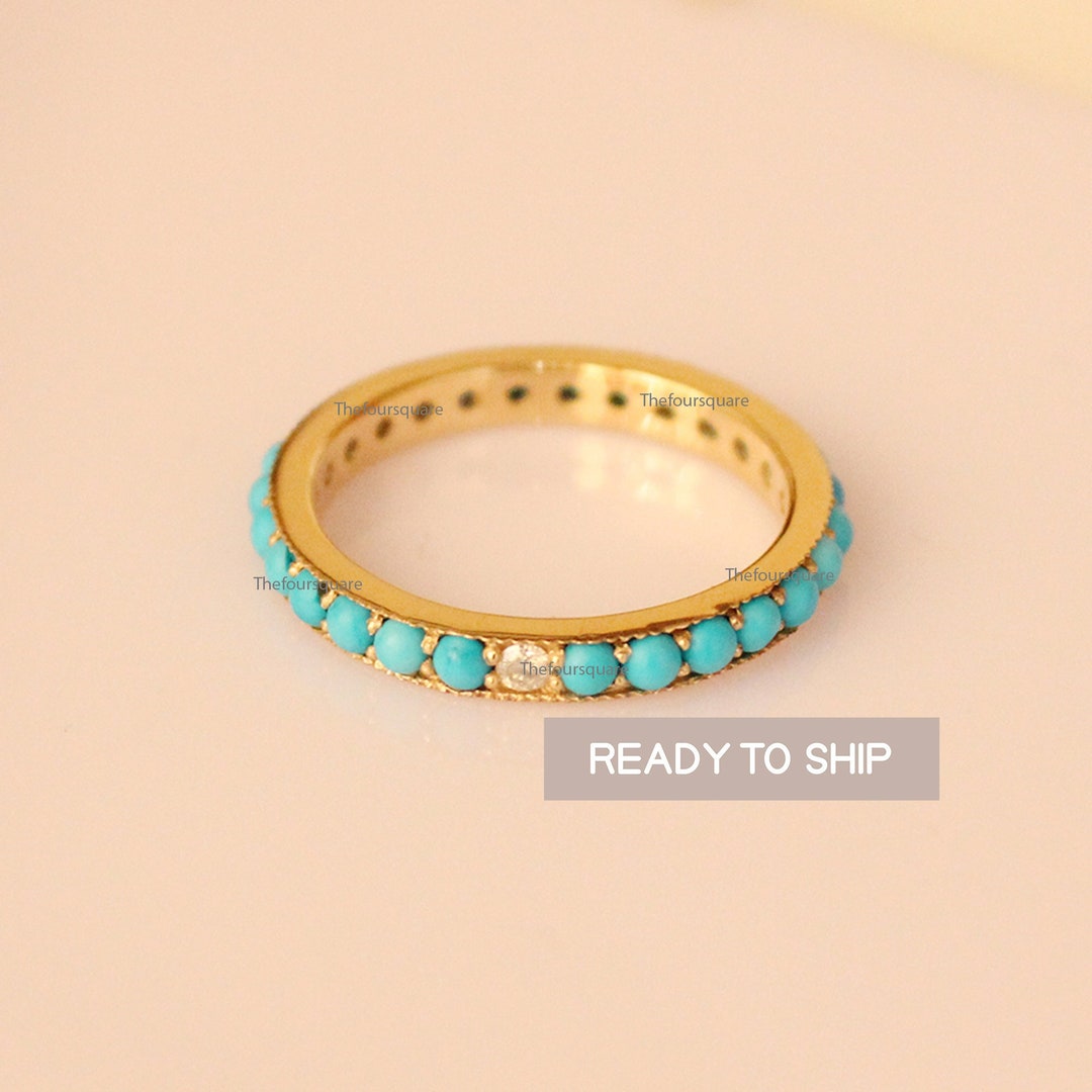 Turquoise Gemstone Pave With Single Diamond Ring 18K Gold - Etsy