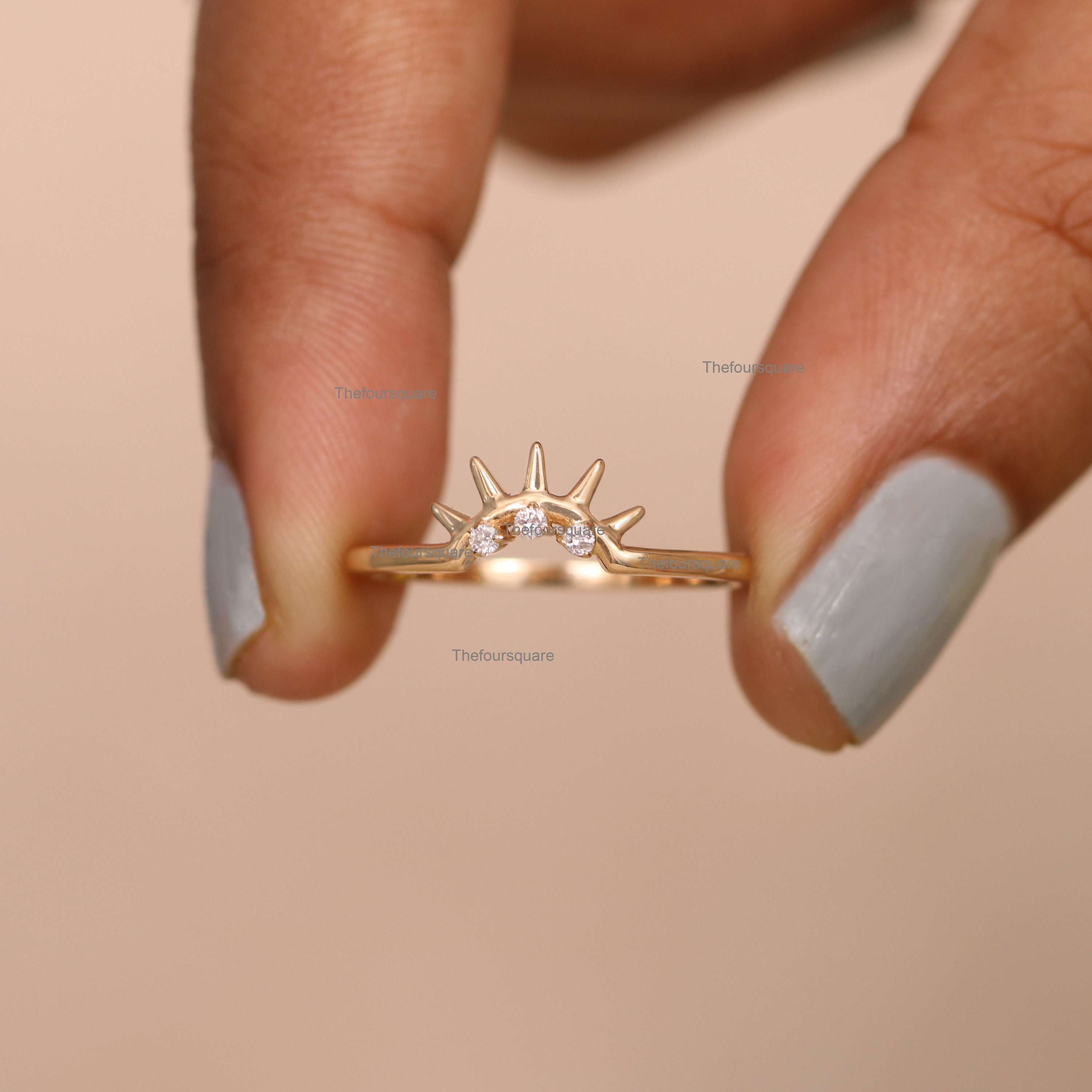 Diamond Spike Ring, 14k Gold Sunburst Ring, Mini Spike Ring, Trio ...