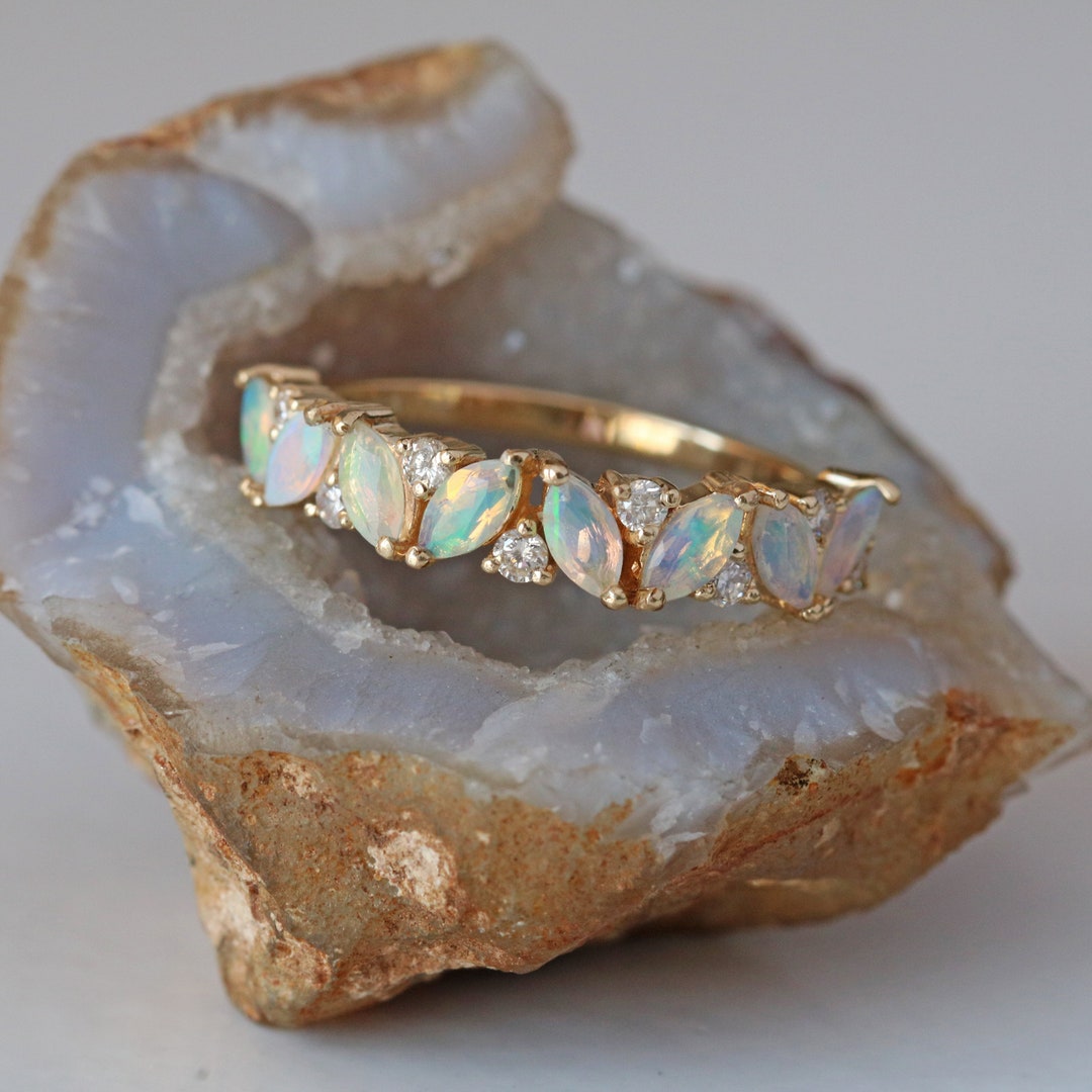 Opal Eternity Band, Opal & Diamond Cluster Ring, 14k Gold Wedding Band ...