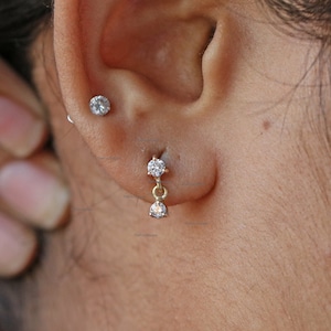 2 Diamond Drop Studs, Solid 14k Gold Earring, Minimalist Drop Earrings ...