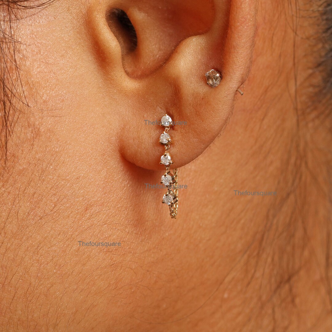 Diamond Drop Chain Earring, 14k Solid Gold 5 Diamond Wrap Chain Earring ...