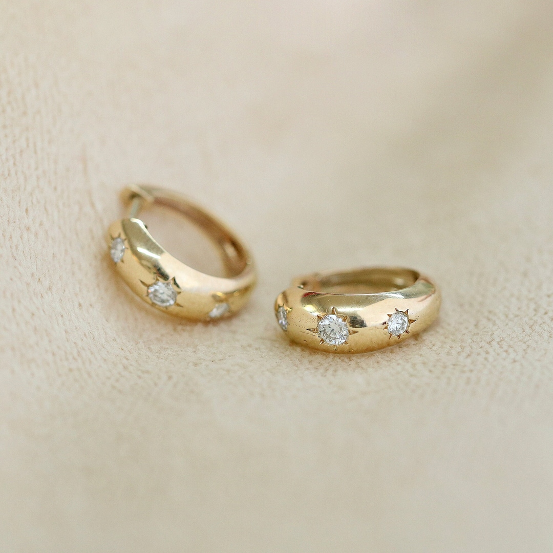 Diamond Starburst Hoops, 14k Solid Gold Trio Diamond/emerald Hoops ...