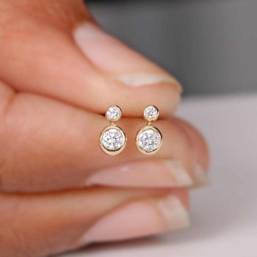 Diamond Mini Stud Earrings, Two Diamond Studs, 14k Gold Bezel Set ...