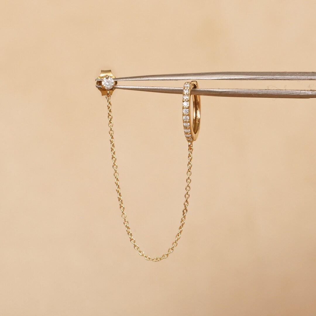 Double Piercing Hoop Chain Earring, Natural Diamond Huggie Hoops, 14k ...