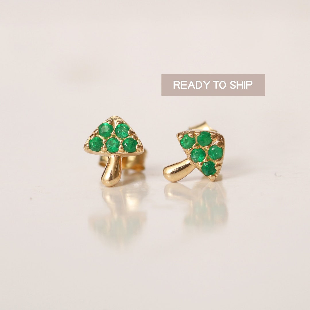 Emerald Mushroom Stud Earrings, 14k Gold Tiny Mushroom Studs, Cute Mushroom Earrings, Cartilage ...