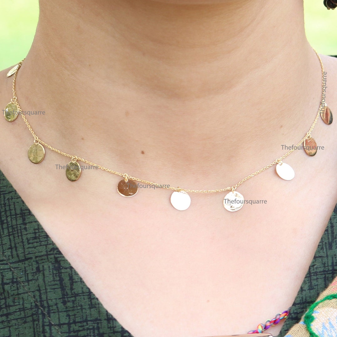 Solid 14k Yellow Gold Disc Chain Necklace/station Chain Delicate Choker ...