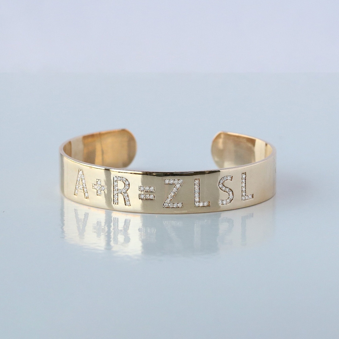 Diamond Initial Bangle, Birthdate Cuff Bangle, 14k Solid Gold Bangle ...