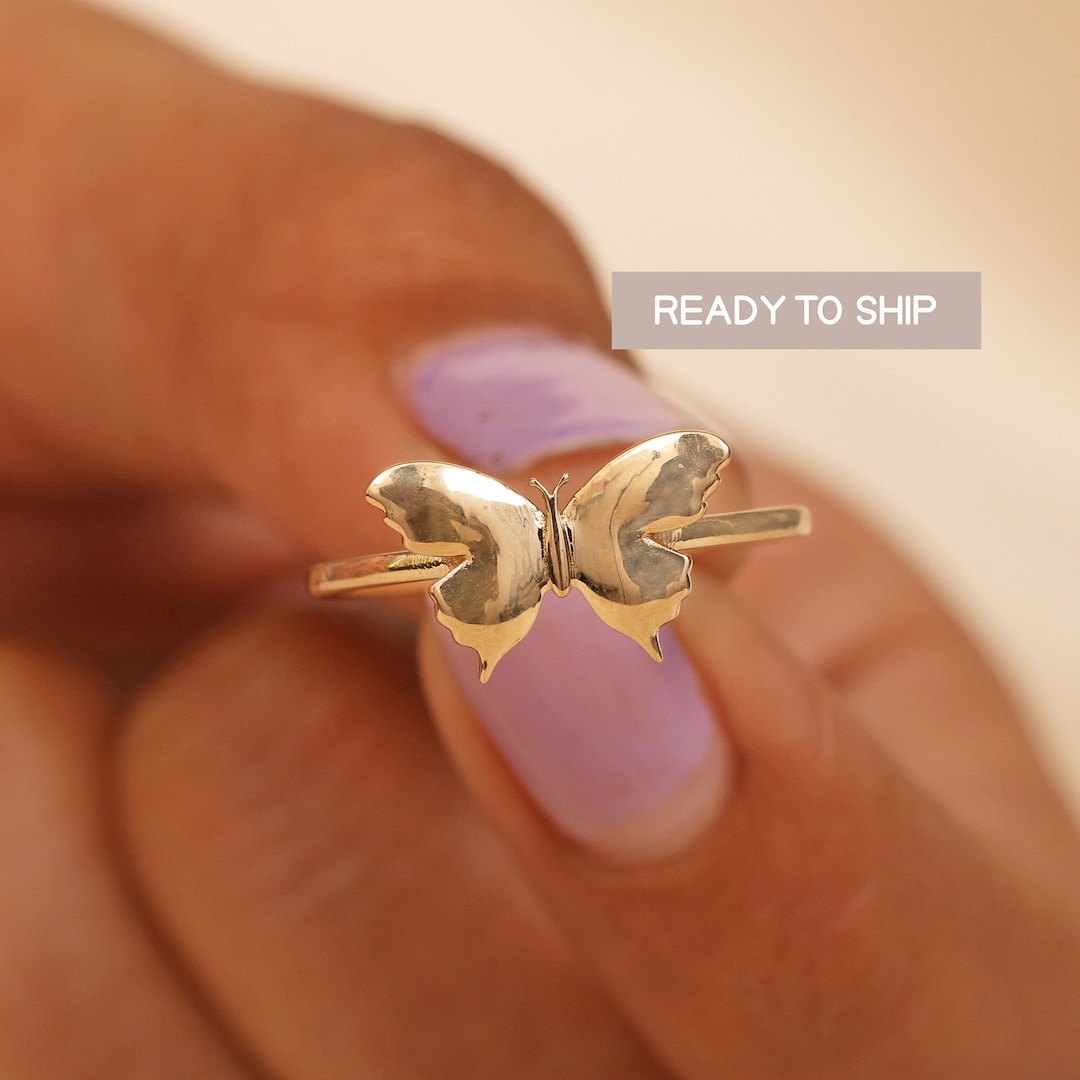 Butterfly Ring, 14k Gold Butterfly Stacking Ring, Plain Gold Minimalist ...