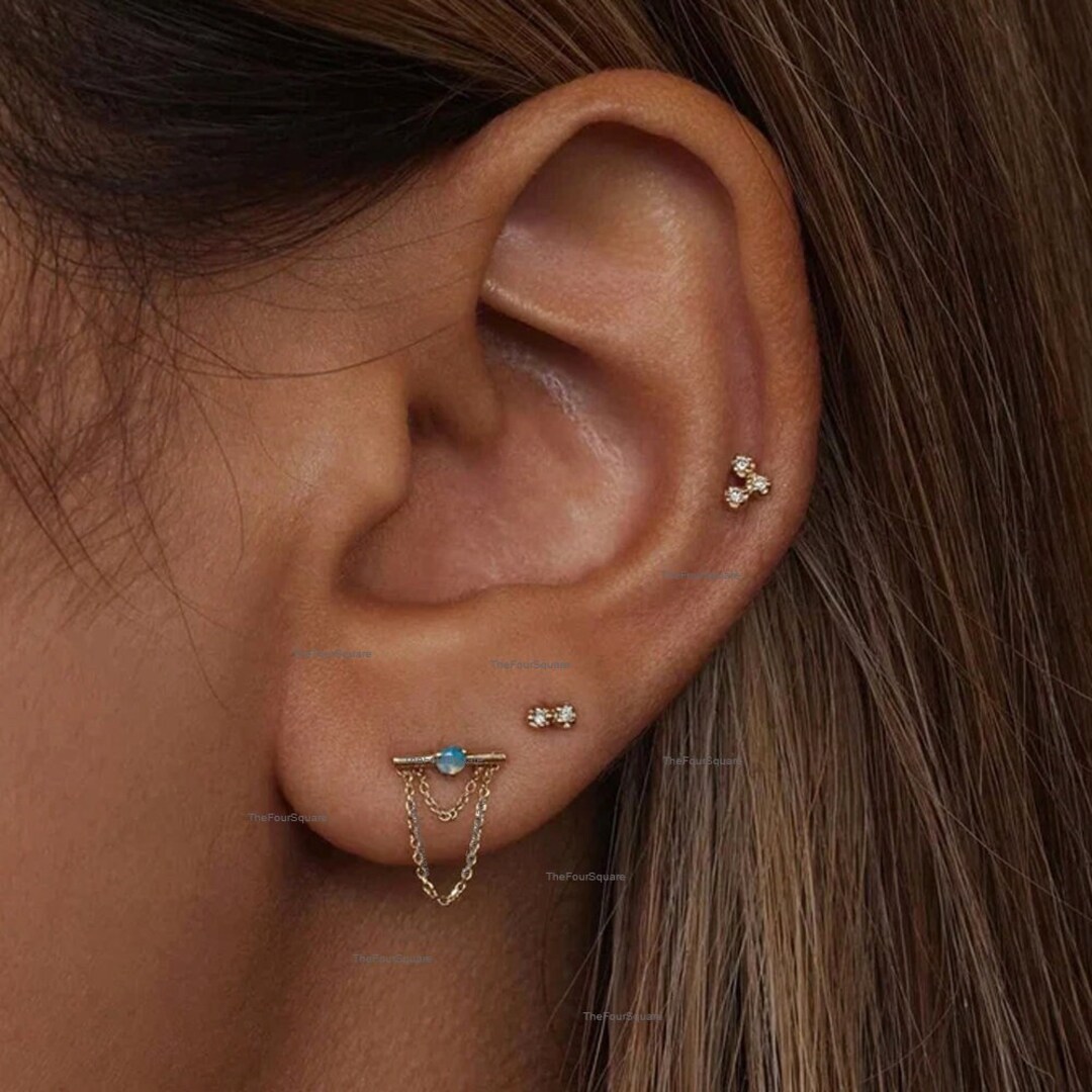 Solid 14k Yellow Gold Connected Chain Earring/ Opal Chain Drop Earring ...