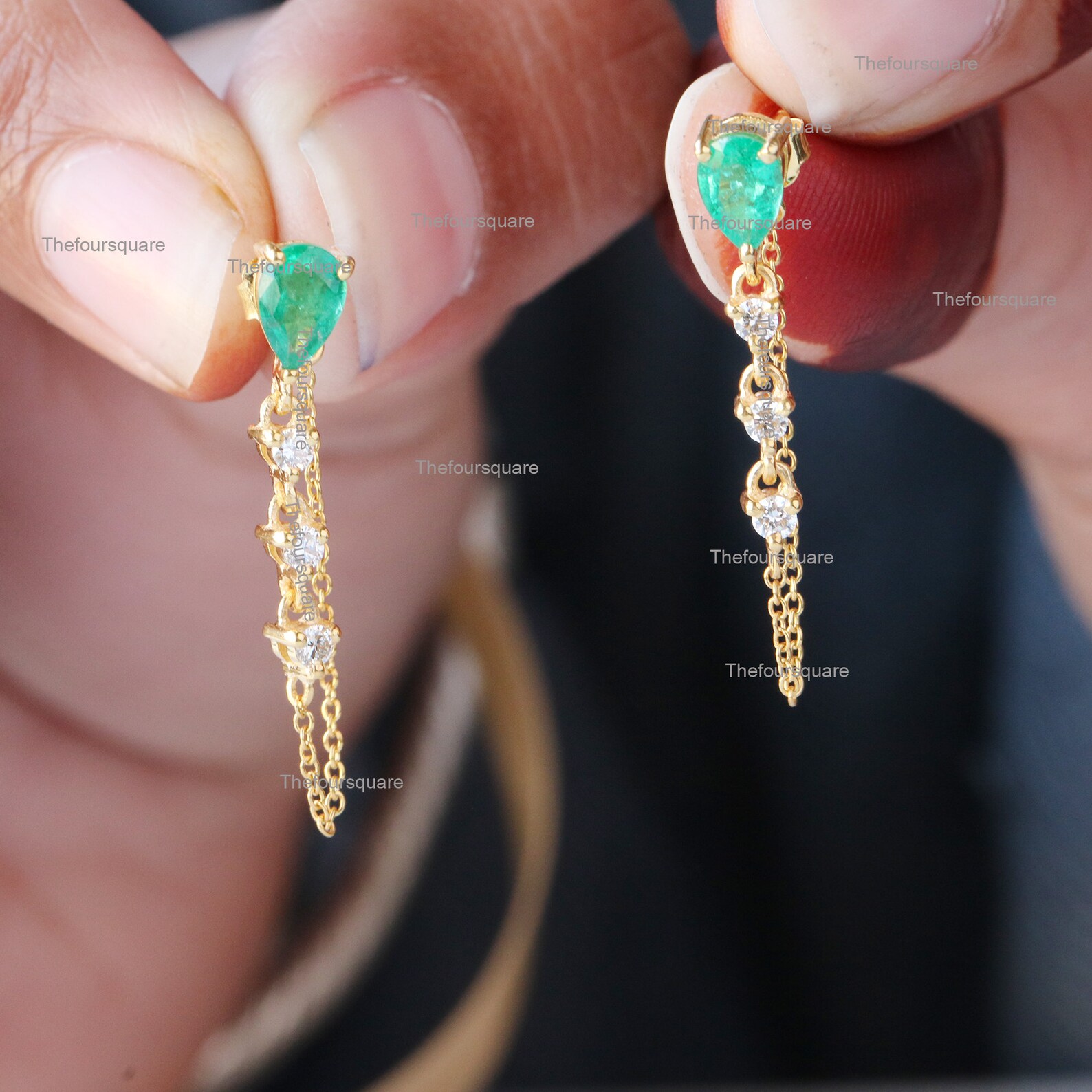 3 Diamond Chain Earrings Pear Emerald Earrings 14K Yellow | Etsy