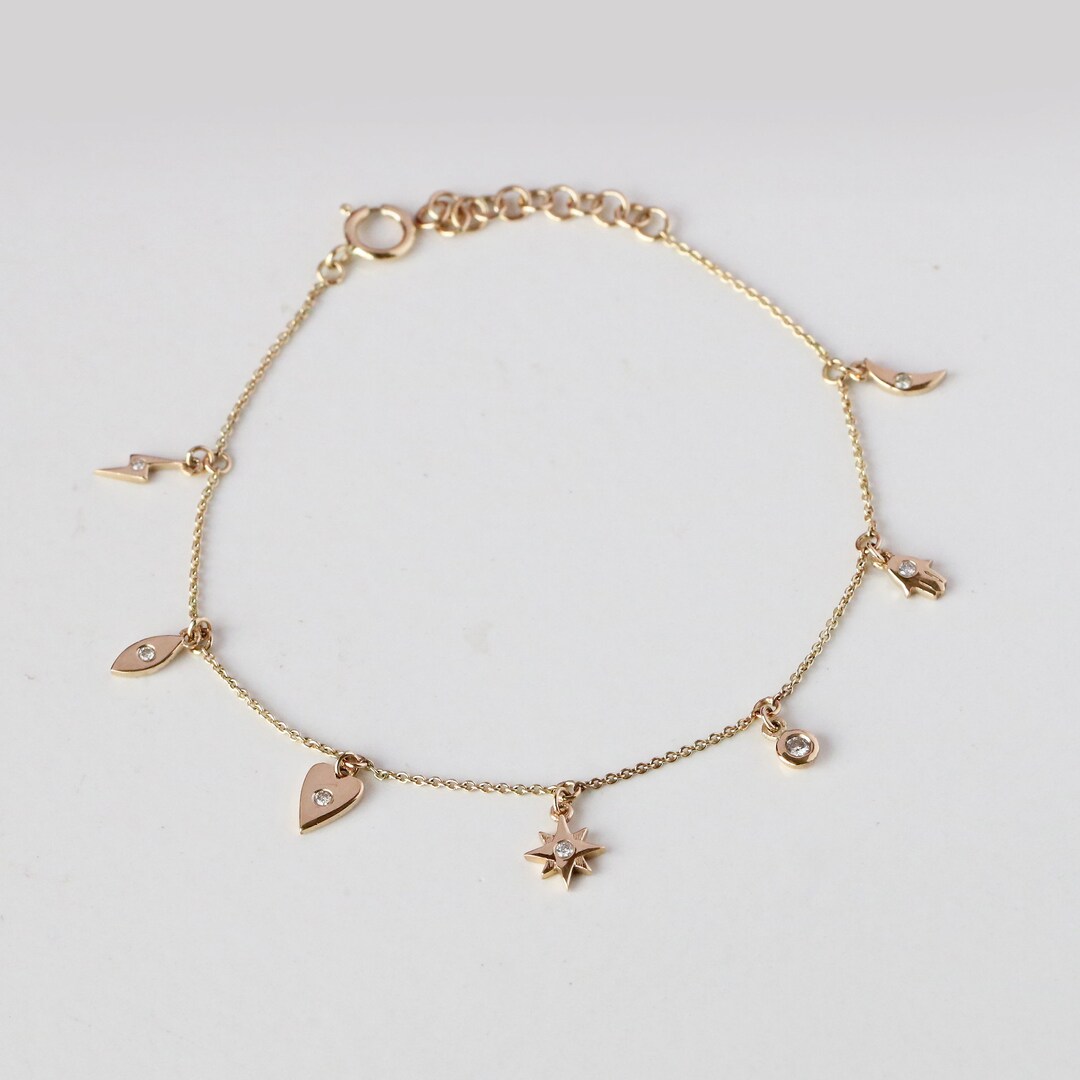14k Gold Tiny Charm Bracelet, Natural Diamond Multi Drop Charm Bracelet ...