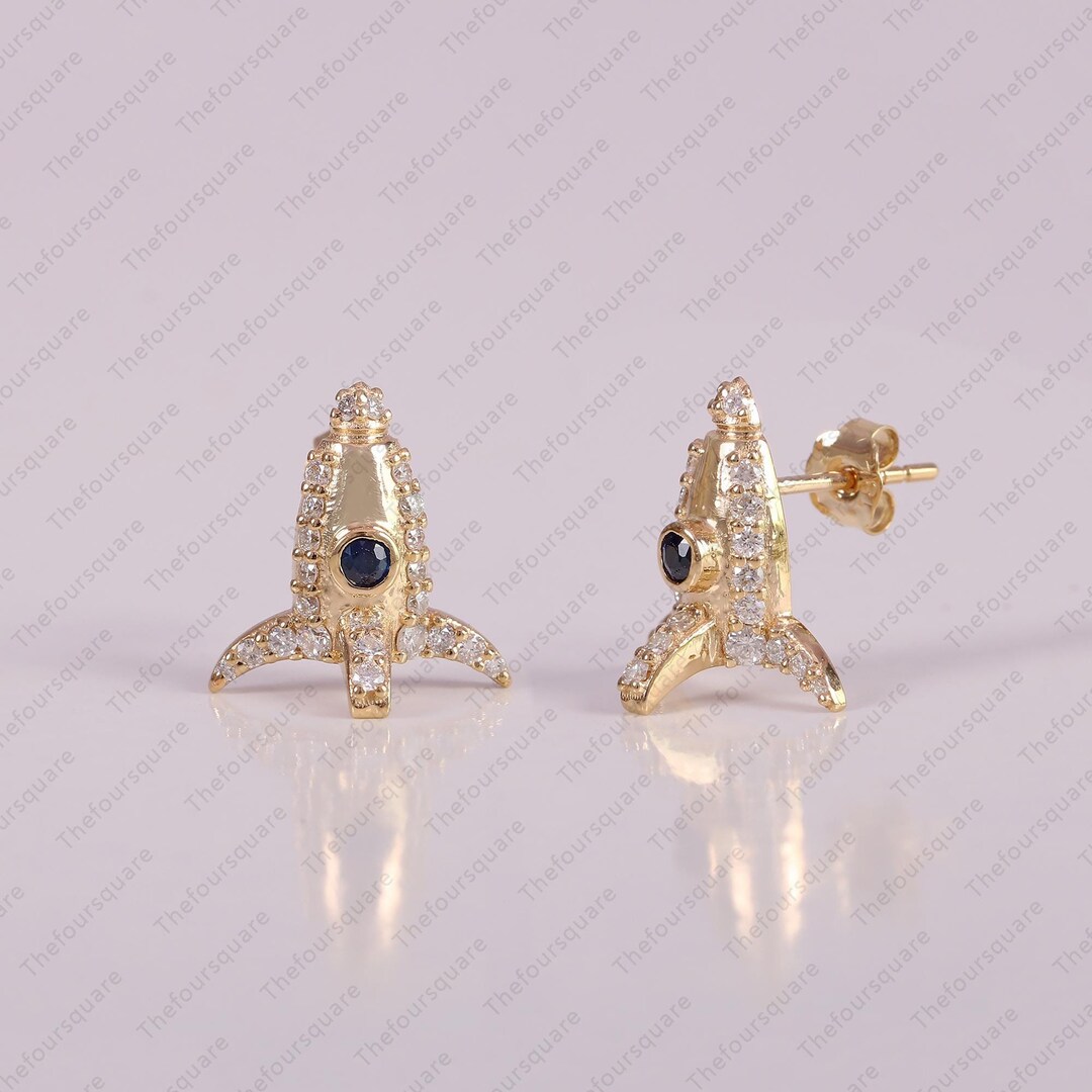 Diamond Rocket Stud Earrings, 14k Solid Gold Blue Sapphire Space Rocket ...