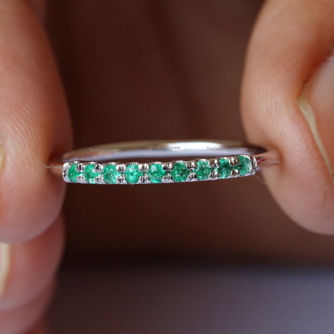 Unique Emerald Pave Promise Ring, 14k Gold Wedding Band Dainty Ring ...