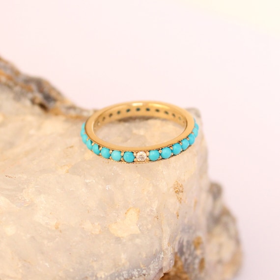 Turquoise Gemstone Pave With Single Diamond Ring 18K Gold | Etsy