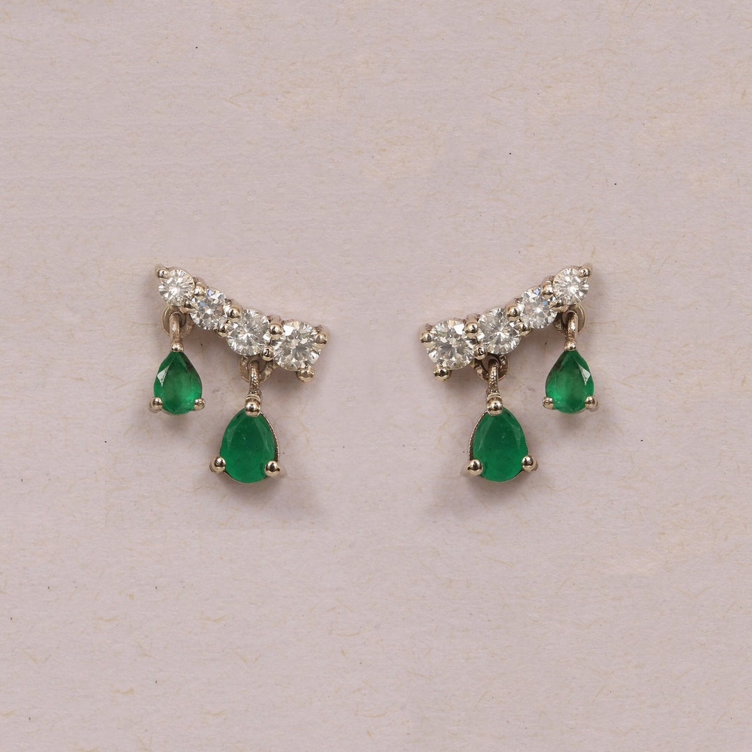 Pear Emerald Drop Earring, Natural Diamond Mini Climber Studs, Double ...