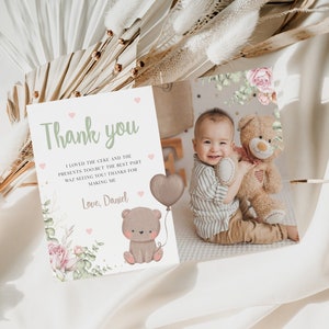 Teddy Bear Birthday Thank You Card With Photo Bearly One Year Party ...