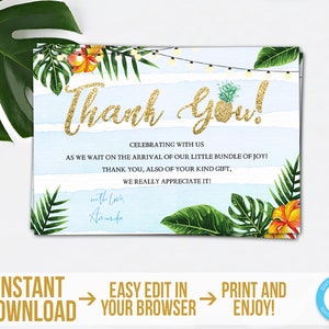 Tropical Thank You Card Printable Aloha Thank You Card Luau Birthday ...
