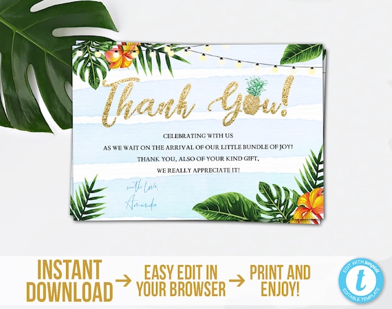 Tropical Thank You Card Printable Aloha Thank You Card Luau Birthday ...