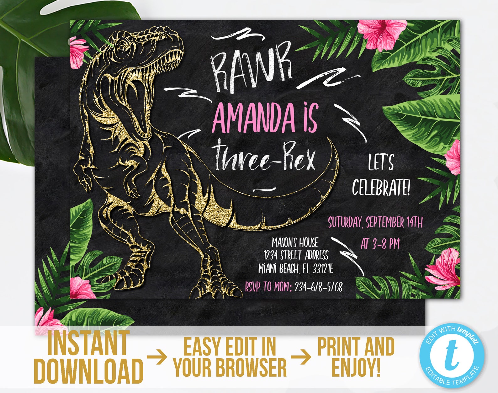 Three-rex Invitation Girl Instant Download Dinosaur Birthday | Etsy