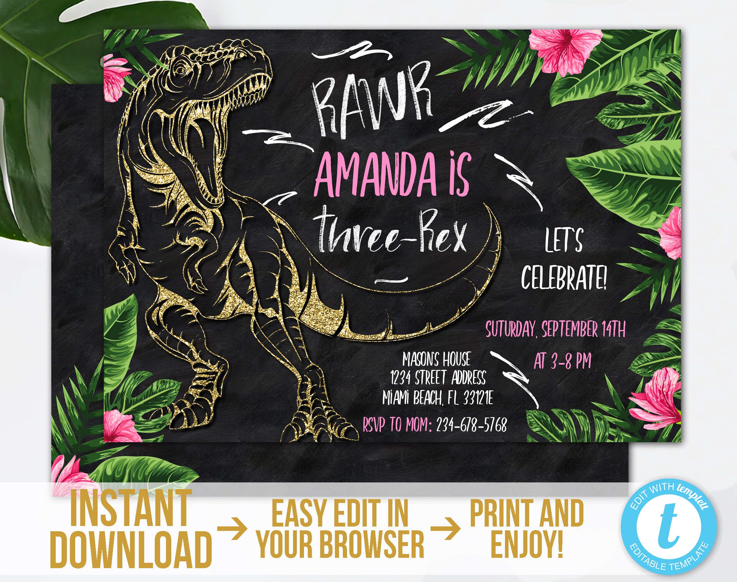 Three-rex Invitation Girl Instant Download Dinosaur Birthday - Etsy