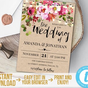 Rustic Floral Wedding Invitation Set Boho Wedding Invitation Kit ...