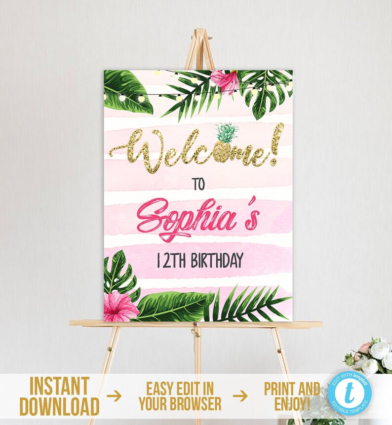 Tropical Welcome Sign Template Luau Birthday Welcome Poster | Etsy