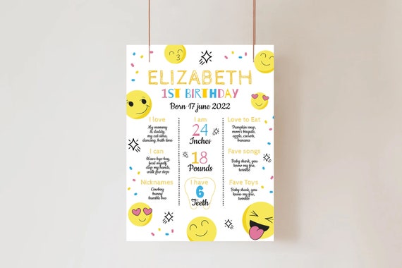 Smiley Face First Birthday Milestones Sign Emoji First Birthday Party ...