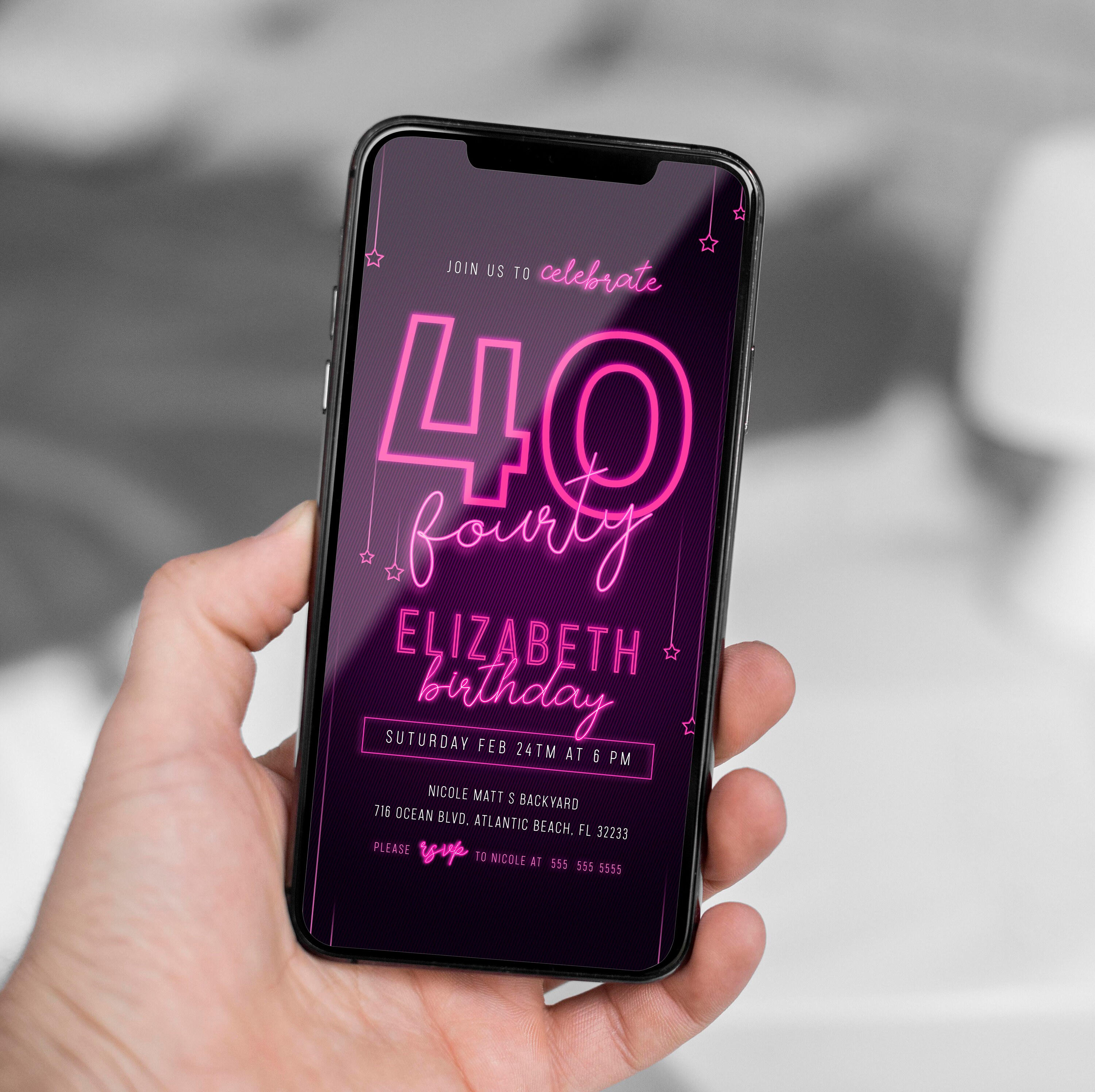 Pink Neon 40th Birthday Electronic Invitation Instant Download - Etsy