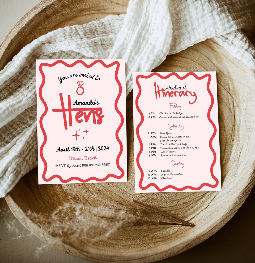 Wavy Pink Hens Weekend Invitation With Itinerary Retro Hen Party ...