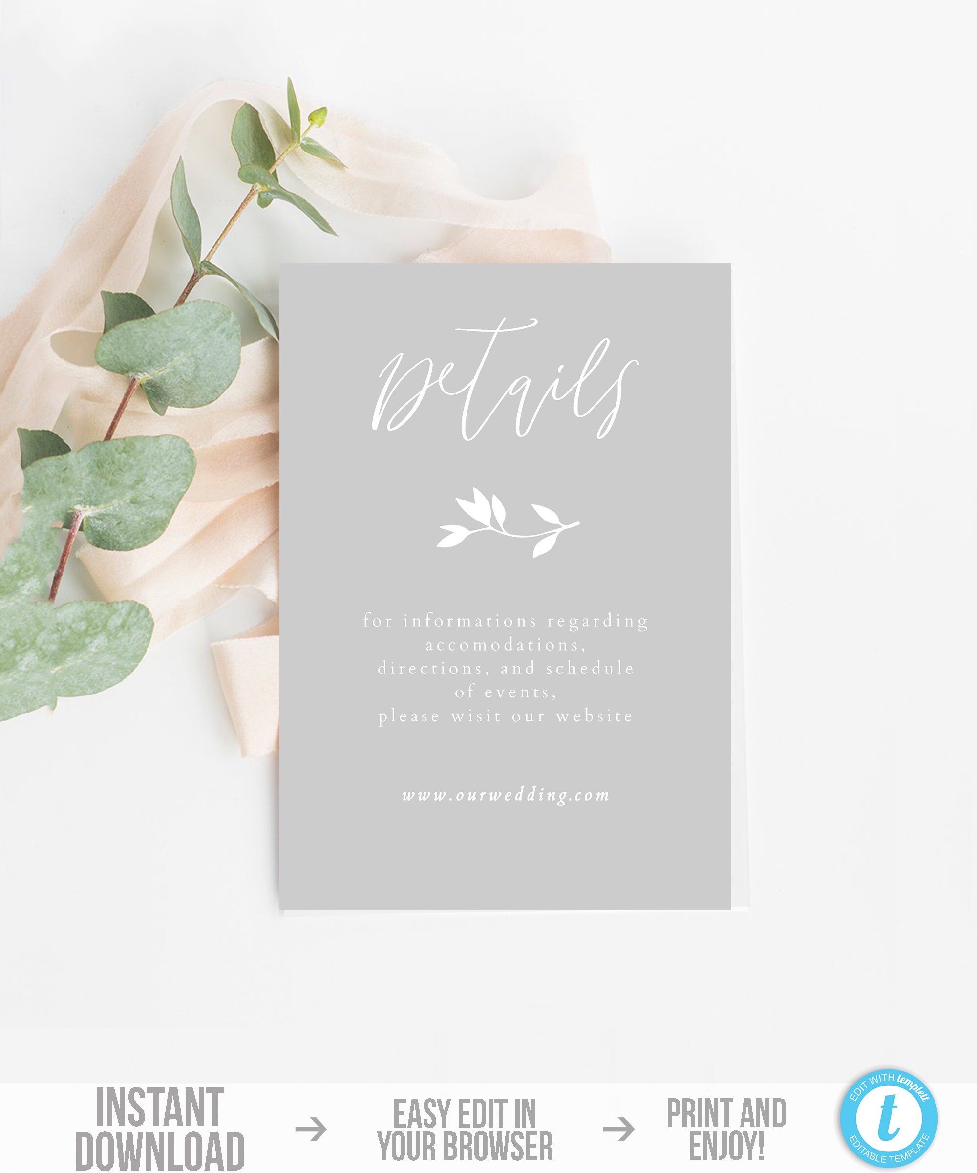 Wedding Invitation Set Template Printable Grey Wedding | Etsy